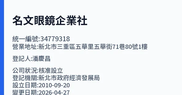名文眼鏡企業社的照片-統編 34779318(新北市) 公司登記資料與營業項目詳細圖表