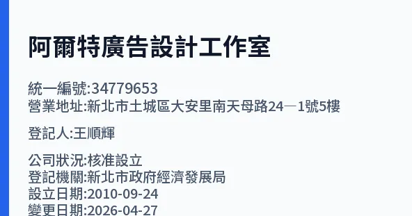 阿爾特廣告設計工作室的照片-統編 34779653(新北市) 公司登記資料與營業項目詳細圖表