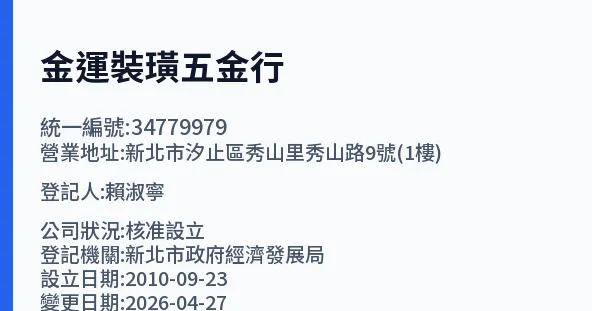 金運裝璜五金行的照片-統編 34779979(新北市) 公司登記資料與營業項目詳細圖表