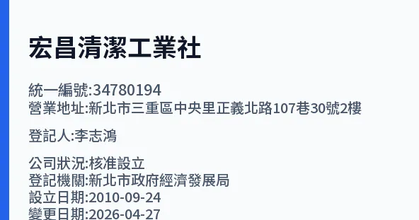宏昌清潔工業社的照片-統編 34780194(新北市) 公司登記資料與營業項目詳細圖表