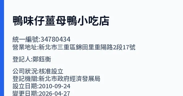 鴨味仔薑母鴨小吃店的照片-統編 34780434(新北市) 公司登記資料與營業項目詳細圖表