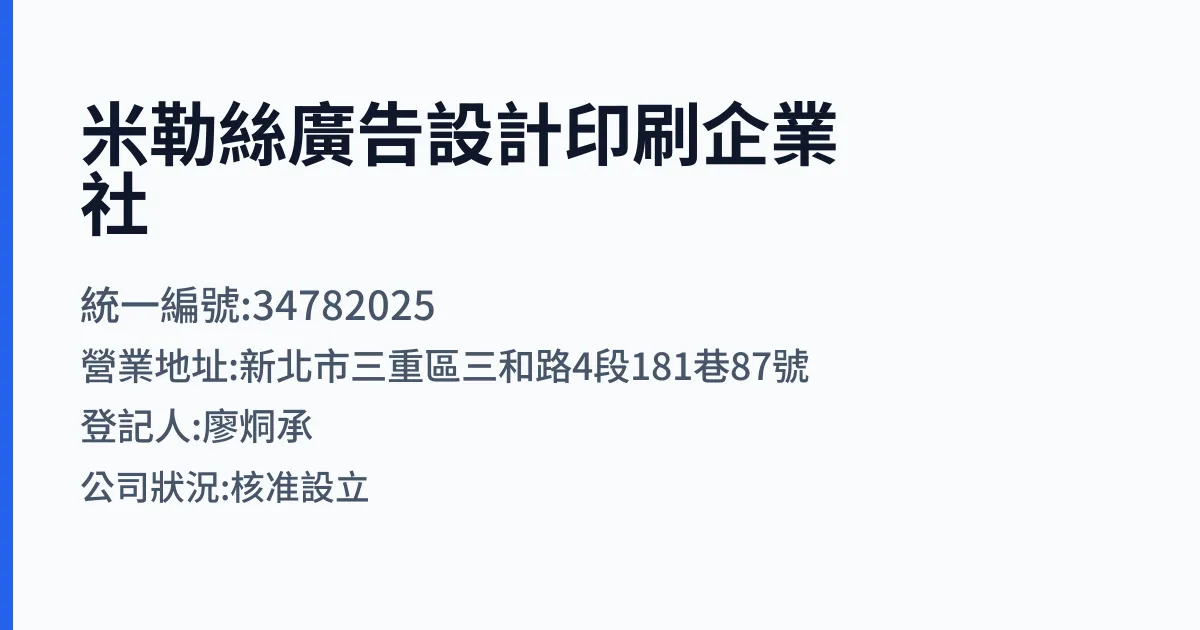 米勒絲廣告設計印刷企業社 - 統編 34782025(新北市) 公司登記資料與營業項目詳細圖表