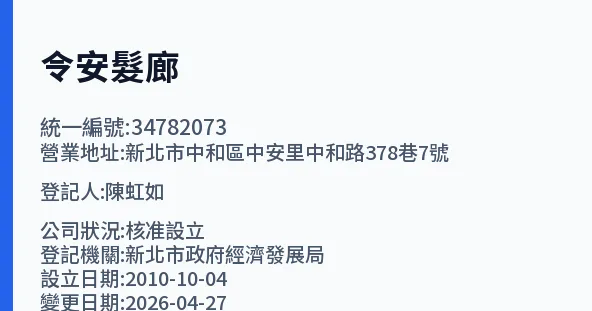 令安髮廊的照片-統編 34782073(新北市) 公司登記資料與營業項目詳細圖表