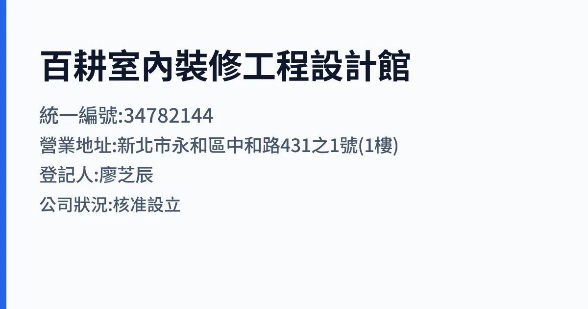 百耕室內裝修工程設計館 - 統編 34782144(新北市) 公司登記資料與營業項目詳細圖表