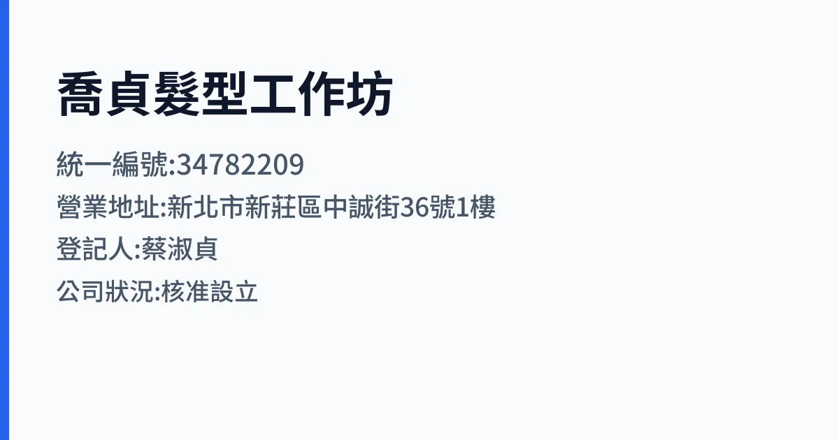 喬貞髮型工作坊 - 統編 34782209(新北市) 公司登記資料與營業項目詳細圖表