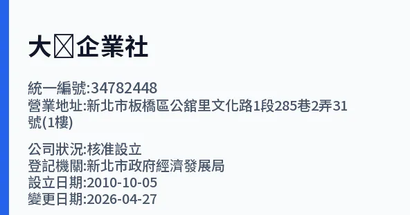 大爲企業社的照片-統編 34782448(新北市) 公司登記資料與營業項目詳細圖表