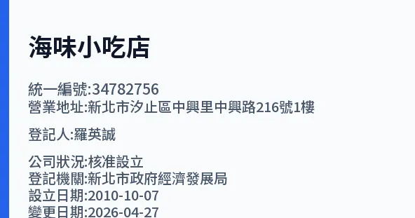 海味小吃店的照片-統編 34782756(新北市) 公司登記資料與營業項目詳細圖表