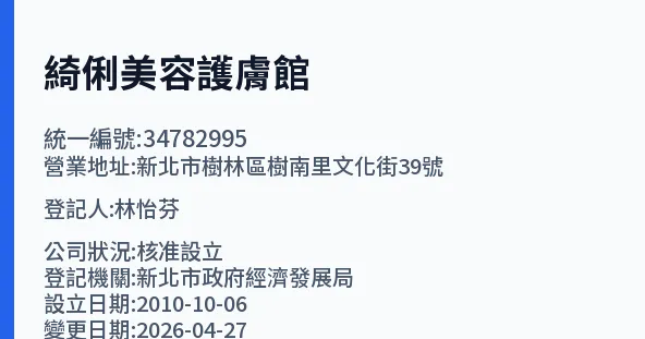 綺俐美容護膚館的照片-統編 34782995(新北市) 公司登記資料與營業項目詳細圖表
