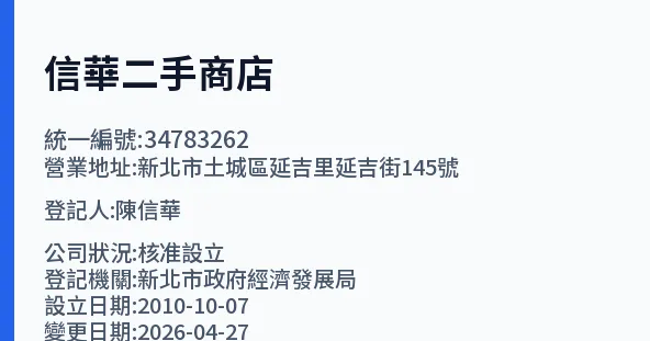 信華二手商店的照片-統編 34783262(新北市) 公司登記資料與營業項目詳細圖表
