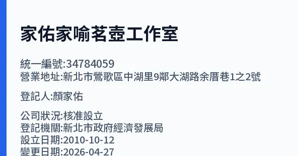 家佑家喻茗壺工作室的照片-統編 34784059(新北市) 公司登記資料與營業項目詳細圖表