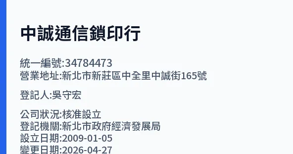 中誠通信鎖印行的照片-統編 34784473(新北市) 公司登記資料與營業項目詳細圖表