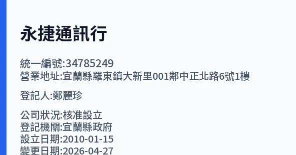 永捷通訊行的照片-統編 34785249(宜蘭縣) 公司登記資料與營業項目詳細圖表