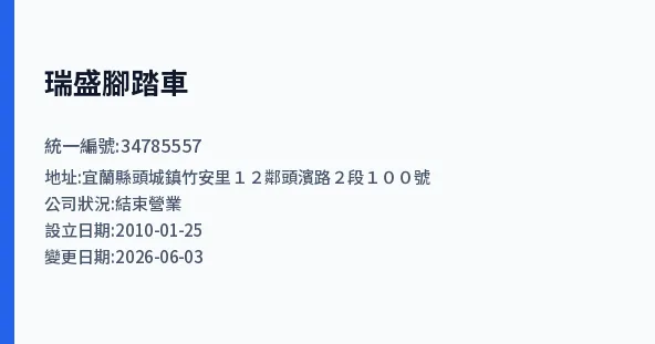 瑞盛腳踏車的照片-統編 34785557(宜蘭縣) 公司登記資料與營業項目詳細圖表
