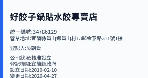 好餃子鍋貼水餃專賣店的照片-統編 34786129(宜蘭縣) 公司登記資料與營業項目詳細圖表