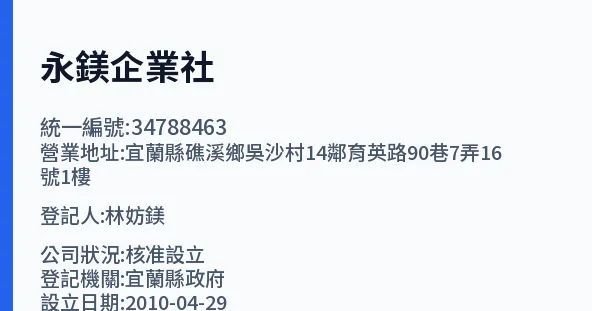 永鎂企業社的照片-統編 34788463(宜蘭縣) 公司登記資料與營業項目詳細圖表