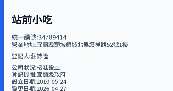 站前小吃的照片-統編 34789414(宜蘭縣) 公司登記資料與營業項目詳細圖表