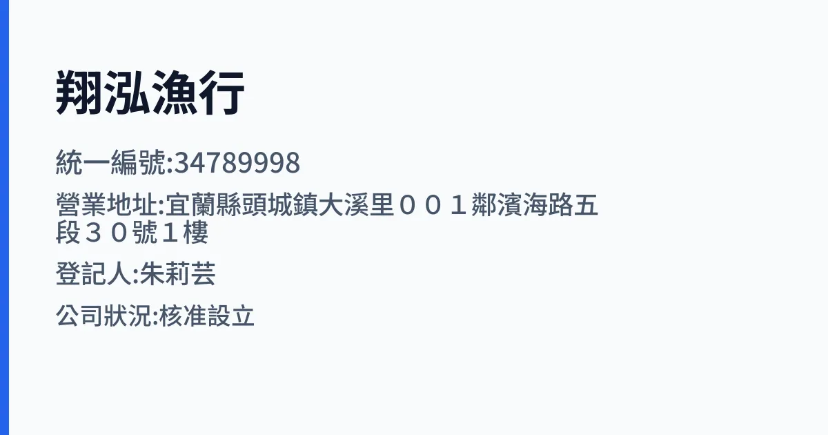 翔泓漁行 - 統編 34789998(宜蘭縣) 公司登記資料與營業項目詳細圖表