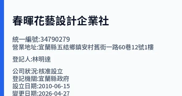 春暉花藝設計企業社的照片-統編 34790279(宜蘭縣) 公司登記資料與營業項目詳細圖表