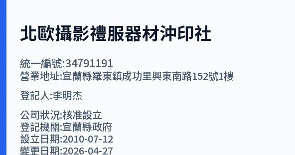 北歐攝影禮服器材沖印社的照片-統編 34791191(宜蘭縣) 公司登記資料與營業項目詳細圖表