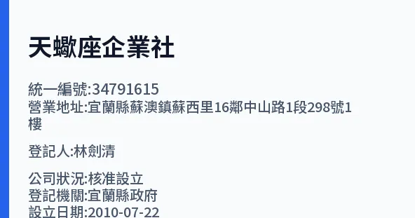 天蠍座企業社的照片-統編 34791615(宜蘭縣) 公司登記資料與營業項目詳細圖表