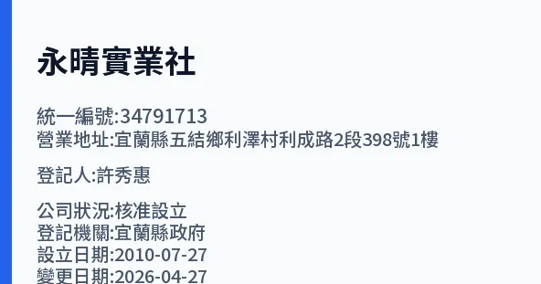 永晴實業社的照片-統編 34791713(宜蘭縣) 公司登記資料與營業項目詳細圖表