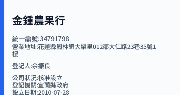 金鍾農果行的照片-統編 34791798(花蓮縣) 公司登記資料與營業項目詳細圖表