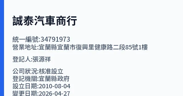 誠泰汽車商行的照片-統編 34791973(宜蘭縣) 公司登記資料與營業項目詳細圖表