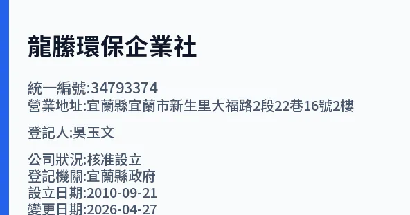 龍縢環保企業社的照片-統編 34793374(宜蘭縣) 公司登記資料與營業項目詳細圖表