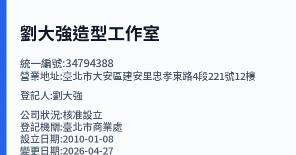 劉大強造型工作室的照片-統編 34794388(臺北市) 公司登記資料與營業項目詳細圖表