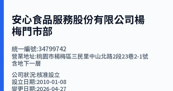 安心食品服務股份有限公司楊梅門市部的照片-統編 34799742(桃園市) 公司登記資料與營業項目詳細圖表