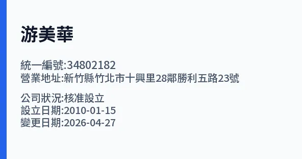 游美華的照片-統編 34802182(新竹縣) 公司登記資料與營業項目詳細圖表