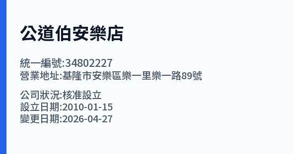 公道伯安樂店的照片-統編 34802227(基隆市) 公司登記資料與營業項目詳細圖表