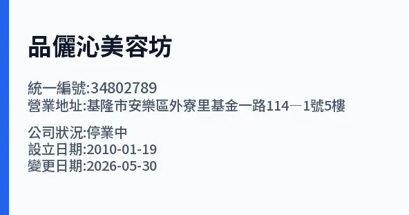 品儷沁美容坊的照片-統編 34802789(基隆市) 公司登記資料與營業項目詳細圖表