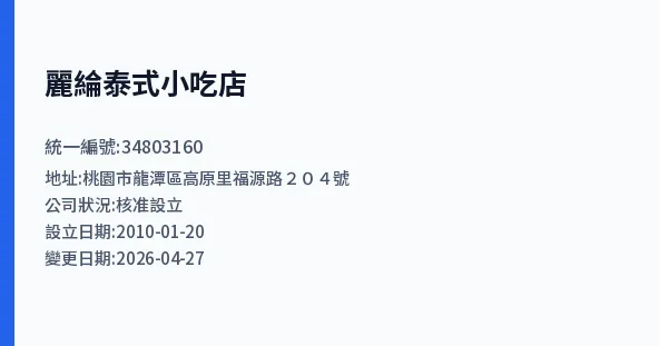 麗綸泰式小吃店的照片-統編 34803160(桃園市) 公司登記資料與營業項目詳細圖表