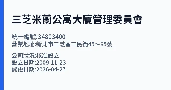 三芝米蘭公寓大廈管理委員會的照片-統編 34803400(新北市) 公司登記資料與營業項目詳細圖表