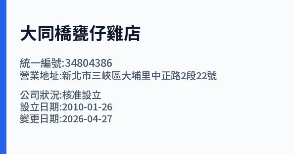 大同橋甕仔雞店的照片-統編 34804386(新北市) 公司登記資料與營業項目詳細圖表