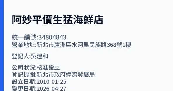 阿妙平價生猛海鮮店的照片-統編 34804843(新北市) 公司登記資料與營業項目詳細圖表