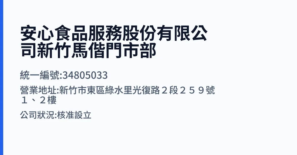 安心食品服務股份有限公司新竹馬偕門市部 - 統編 34805033(新竹市) 公司登記資料與營業項目詳細圖表