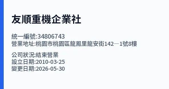 友順重機企業社的照片-統編 34806743(桃園市) 公司登記資料與營業項目詳細圖表