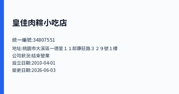 皇佳肉粽小吃店的照片-統編 34807551(桃園市) 公司登記資料與營業項目詳細圖表