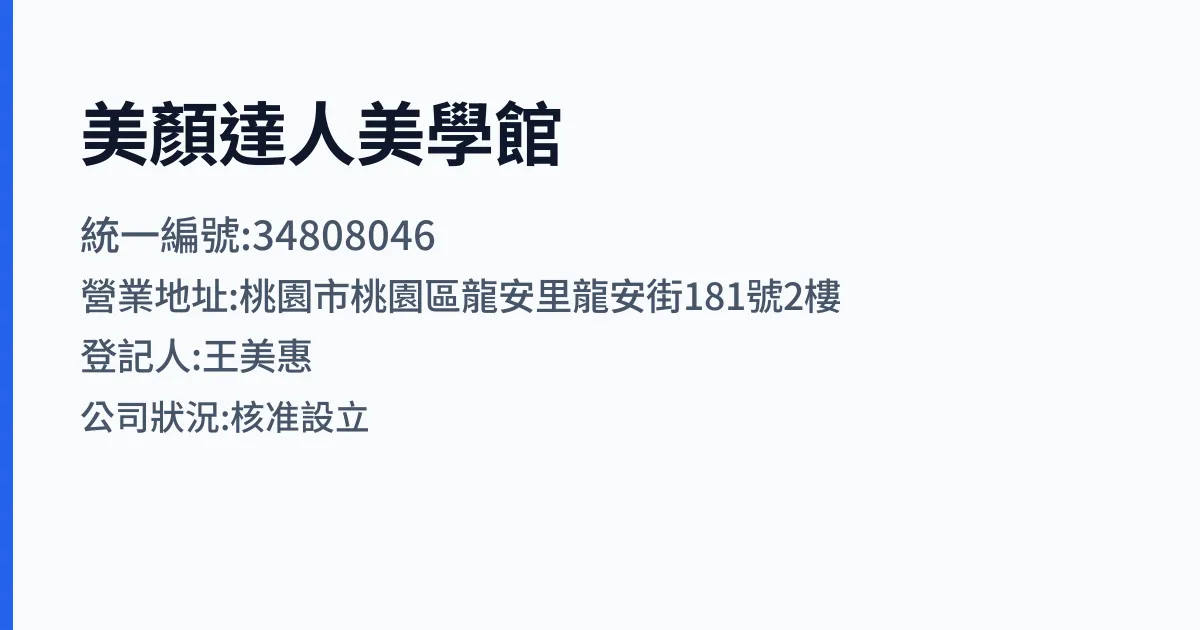 美顏達人美學館 - 統編 34808046(桃園市) 公司登記資料與營業項目詳細圖表