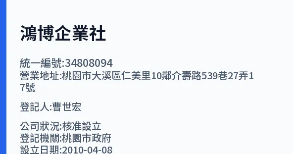 鴻博企業社的照片-統編 34808094(桃園市) 公司登記資料與營業項目詳細圖表