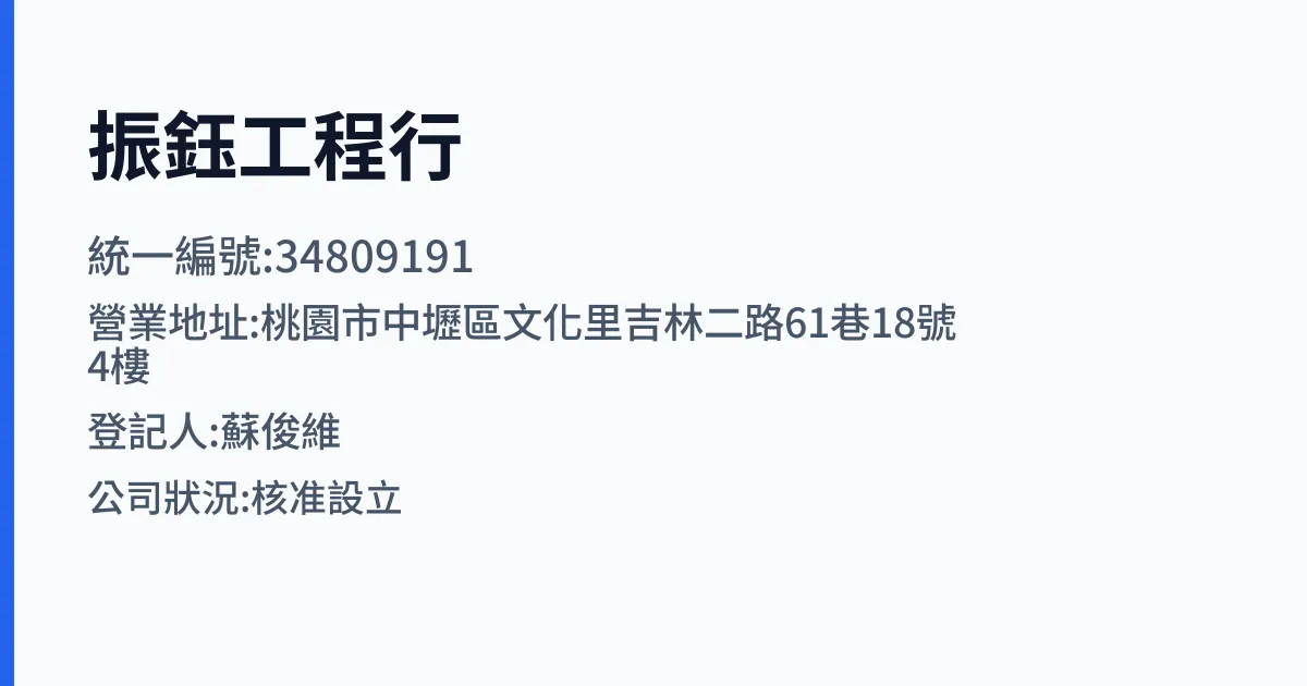 振鈺工程行 - 統編 34809191(桃園市) 公司登記資料與營業項目詳細圖表