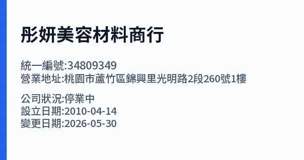 彤妍美容材料商行的照片-統編 34809349(桃園市) 公司登記資料與營業項目詳細圖表