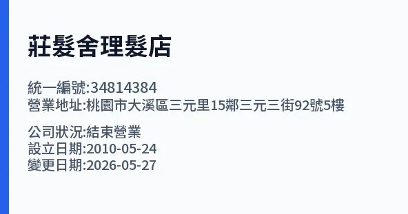 莊髮舍理髮店的照片-統編 34814384(桃園市) 公司登記資料與營業項目詳細圖表