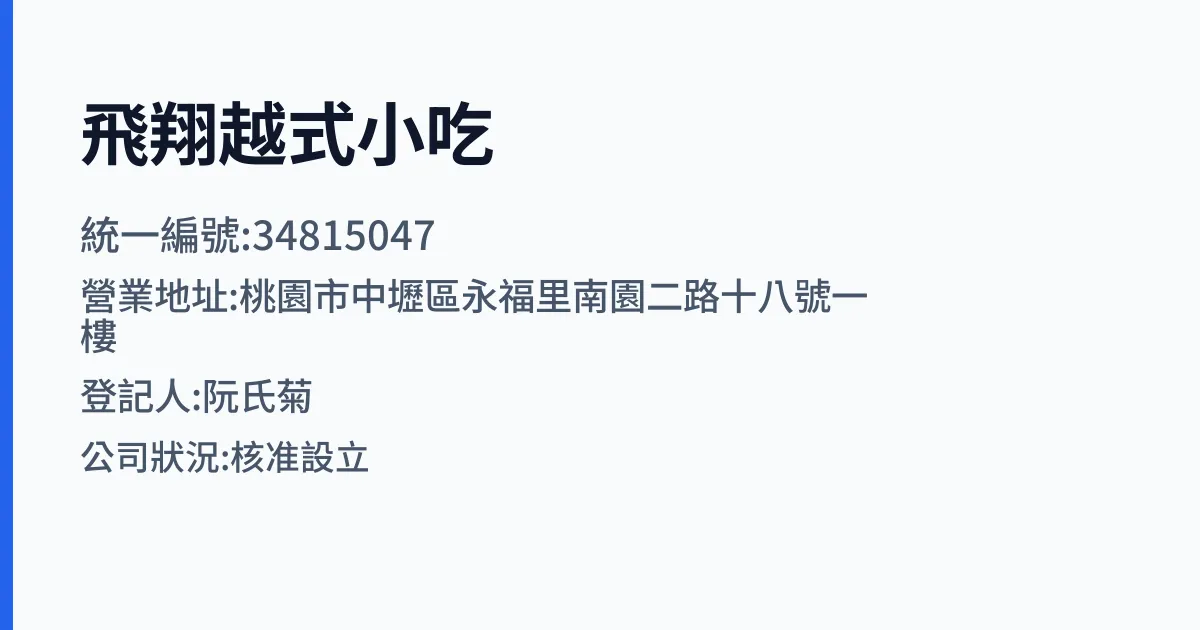 飛翔越式小吃 - 統編 34815047(桃園市) 公司登記資料與營業項目詳細圖表