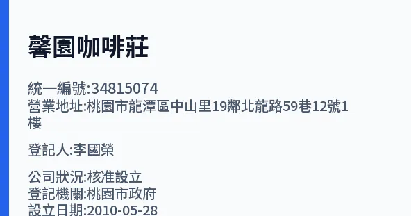 馨園咖啡莊的照片-統編 34815074(桃園市) 公司登記資料與營業項目詳細圖表
