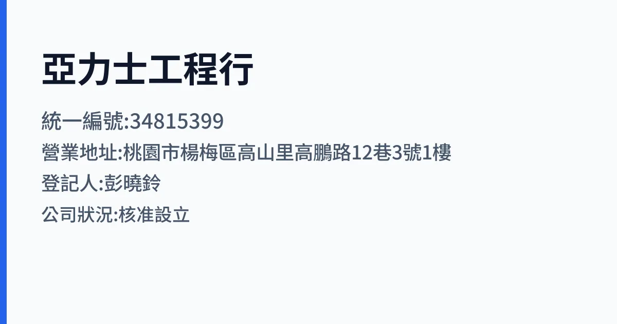 亞力士工程行 - 統編 34815399(桃園市) 公司登記資料與營業項目詳細圖表