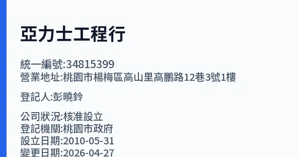 亞力士工程行的照片-統編 34815399(桃園市) 公司登記資料與營業項目詳細圖表