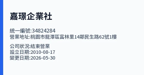 嘉璟企業社的照片-統編 34824284(桃園市) 公司登記資料與營業項目詳細圖表